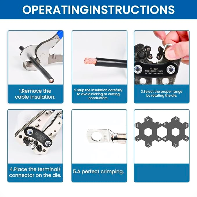 Battery Cable Lug Crimping Tool for AWG 10-1 Copper Wire Lugs with 60 ...